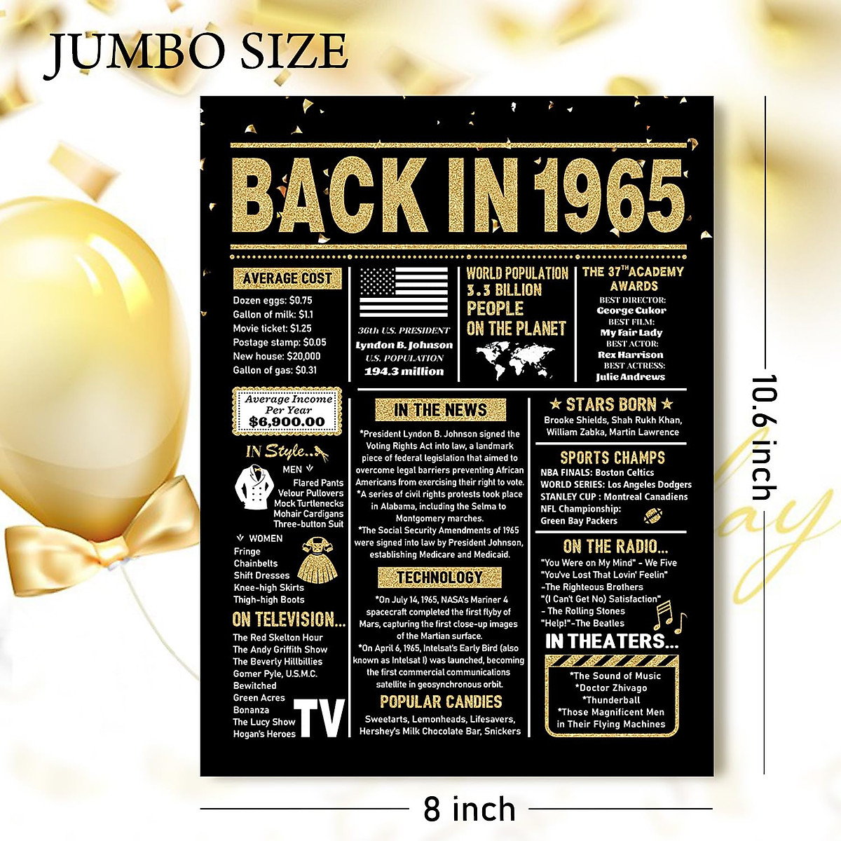 BGTCARDS 60th Birthday Card, 60th Birthday Gifts for Women Men, 60th Birthday Decorations for Him Her, Back in 1965 Birthday Card, Black Gold
