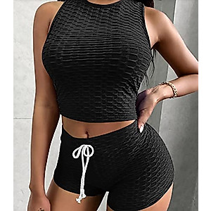 KANSOON Black Two Piece Outfits for Women Sexy Summer Sport Sets Racerback Tank Tops and Shorts Set Black XL
