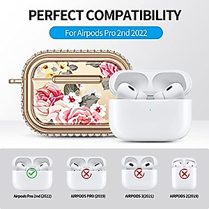 V-MORO for Airpods Pro 2nd Generation Case, Glitter Full Protective Apple Airpod pro 2 Case Cover with Kaychain for Women, Flower Diamond iPod Pro 2022 Wireless Charging Case Girls-Pink Rose
