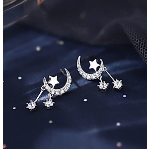 Reffeer 925 Sterling Silver Crescent Moon Star Earrings Studs for Women Teens Girls CZ Moon Studs Earrings Star Tassel Earrings (A-Silver)