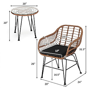 DORTALA 3 Piece Patio Bistro Set, Outdoor Wicker Furniture with Round Tempered Glass Top Table & 2 Rattan Armchairs, Cushions, Conversation Set for Porch, Backyard, Garden, Black