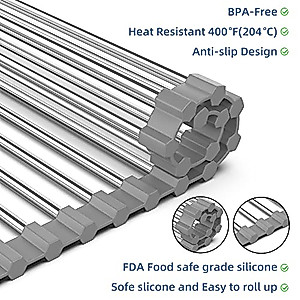 Mikinya Over The Sink Dish Drying Rack, Roll Up Dish Drying Rack Kitchen Dish Rack Stainless Steel Sink Drying Rack, Multipurpose Foldable Dish Drainer, Gray (17.5''x11.8'')