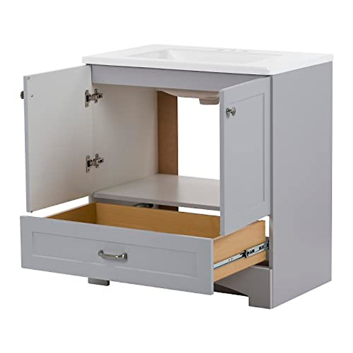 Spring Mill Cabinets Emlyn 30 Inch Bathroom Vanity with White Single Sink Top, 2-Door Cabinet, 1 Drawer, 30.5" W x 18.75" D x 32.89" H, Pearl Gray