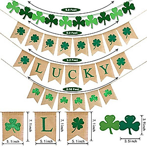 4 Pieces Burlap Lucky Banner Glitter Shamrock Banner Rustic Four Leaf Clover Banner Felt Shamrock Hanging Garland for St. Patrick's Day Decoration