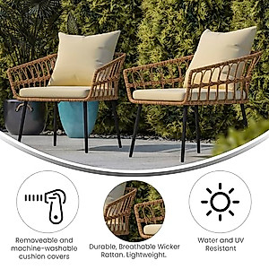 Flash Furniture Evin Set of 2 Boho Indoor/Outdoor Patio Chairs - Natural Finish Faux Rattan Wicker - Cream All-Weather Cushions - Integrated Armrests