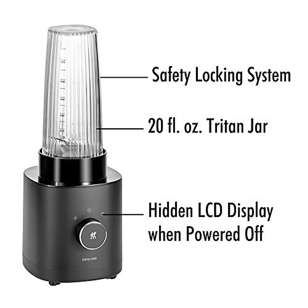 ZWILLING Enfinigy Personal Blender, Piranha Teeth Cross Blade for Ultimate Blending, Smoothies, Shakes and More, 20 fl oz Breakproof Travel Cup with Lid, BPA Free, Black