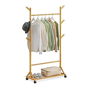 MoNiBloom Bamboo Garment Racks with Wheels 2-in-1 Freestanding Rolling Clothes Rack with Bottom Storage Shelf Closet Organizer with 6 Side Hooks for Hanging Clothes Hats Scarves, Natural