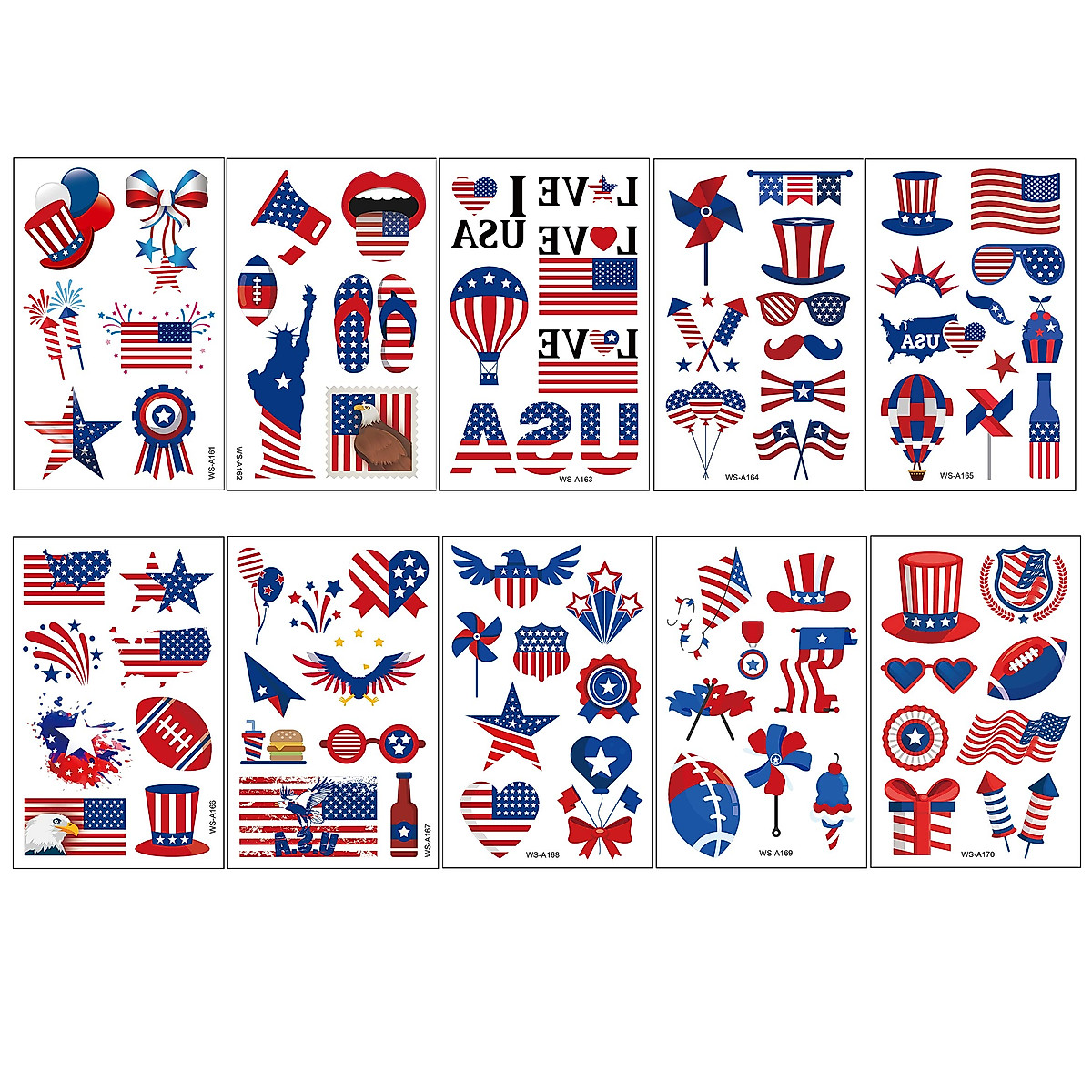 TopFunny Temporary Tattoos, 90Pcs Independence Day Tattoos (10 Sheets) American Flag Red White & Blue Design USA Body Art Patriotic Stickers for Labor Day Memorial Day Decoration Party Supplies Flags