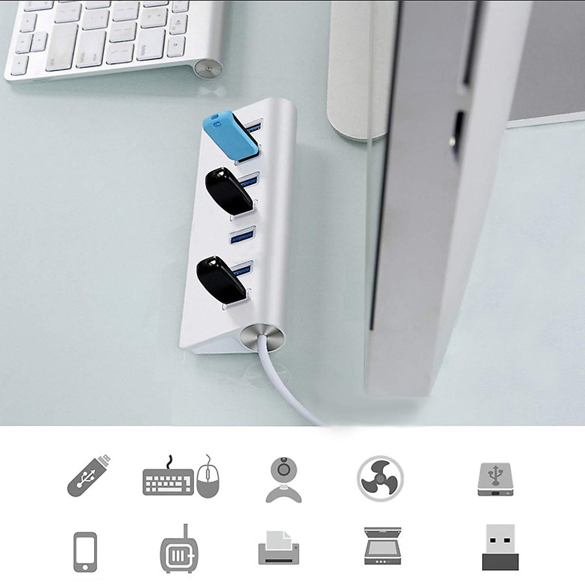 USB Hub, 7-Port Charging Interface Expansion, USB 3.0 High-Speed Data Transmission, for Desktop/Laptop Computers… (Silver)