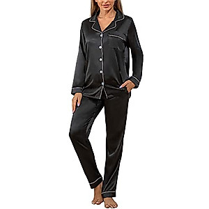 YIMANIE Womens Pajamas Silk Satin Pajama Sets for Women Soft Button Down Womens Loungewear Set with Pockets Black