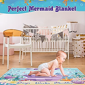 6 Pcs Mermaid Baby Monthly Milestone Blanket Daily Weekly Monthly Fleece with 2 Frames for Newborn Baby Shower, 47 x 39 Inches and Mermaid Outfit Baby Photo Props Headband Bra Tail, Aquamarine