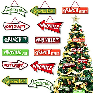 Christmas Tree Decorations, 16Pcs Grinch Christmas Ornament Paper Cards Hanging Welcome to Whoville Christmas Tree Decorations for Winter Christmas Furry Grinch's Lair Themed Party Favor Supplies