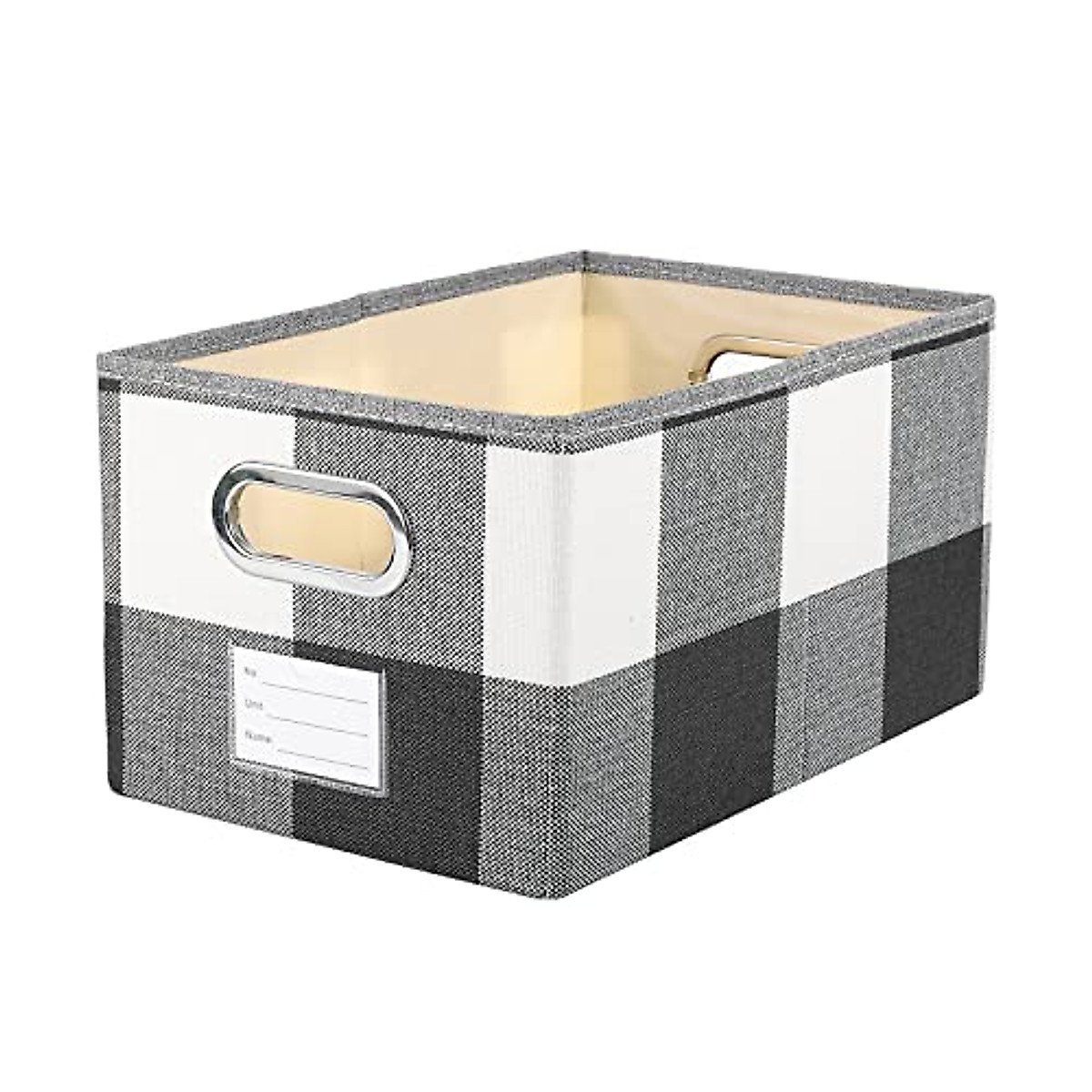 LaMorée Storage Bin Cotton Linen Fabric Basket Box Washable Foldable Decorative Rectangular Container with Handles Label Window Thick PP Plastic Board For Nursery Home Office - Black Plaid, Small Size