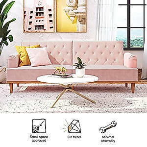 Mr. Kate Stella 80 Inch Futon Sofa Bed in Velvet Fabric, Modern Upholstered Couch Sleeper with Button Tufted Back and Wood Trim, Pink