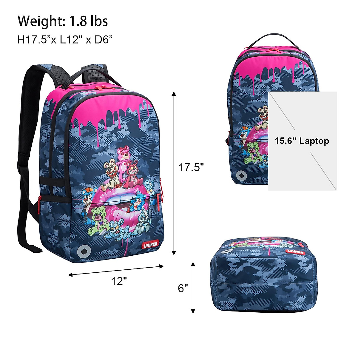 UNIKER Travel Laptop Backpack,Graffiti Backpack for Work,School Backpack,Designer Laptop Backpack for 15.6 Inch,Water Resistant College Bag Computer Bag Gifts for Men,Bear