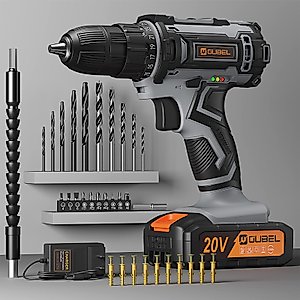 Drill Set, OUBEL 20V Cordless Drill with Battery and Charger, Home Electric Power Drill Cordless, 3/8-Inch Keyless Chuck, 2 Variable Speed, 25+1 Position, LED Light and 42pcs Accessories