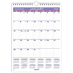 AT-A-GLANCE 2024 Wall Calendar, 8" x 11", Small, Ruled Blocks, Spiral Bound, Monthly (PM12824)