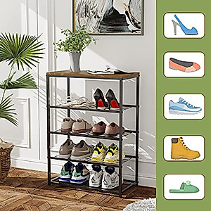 C&AHOME 5 Tier Metal Shoe Rack, 5 Tiers Shoe Rack, Storage Rack with 4 Metal Mesh Shelves and Top Board, Narrow Shoe Organizer for Closet Entryway, Free Standing Shoe Rack, Rustic Brown USRMW05RB