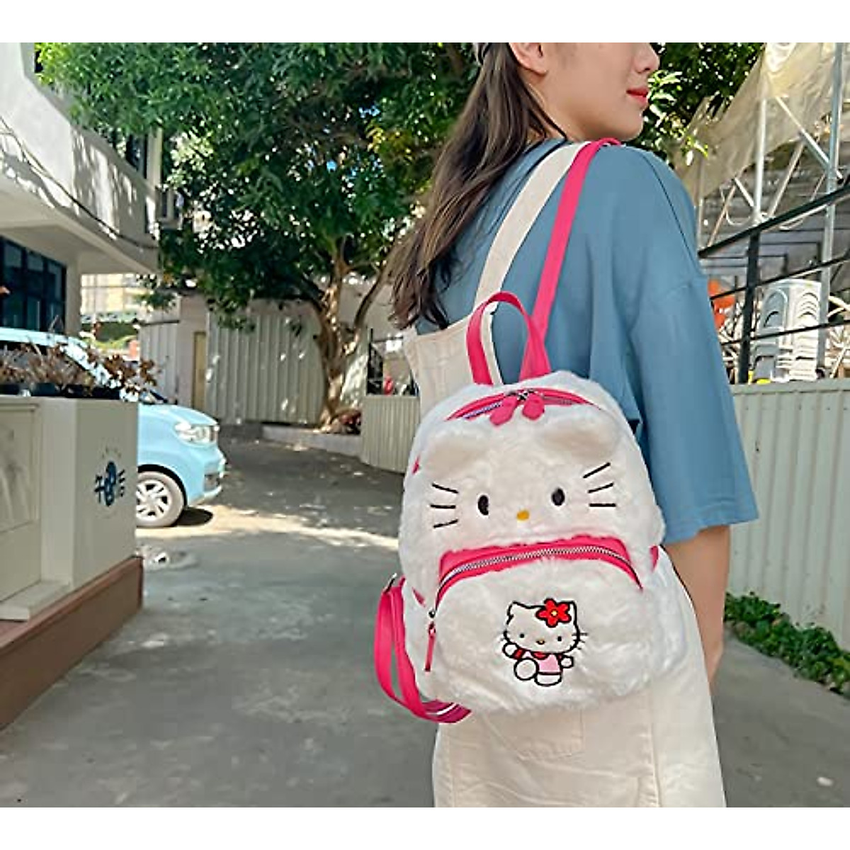 Cute Mini Plush Backpacks for Girls and Women, Kawaii Cat Face Soft Fuzzy Purse Handbags, Pink