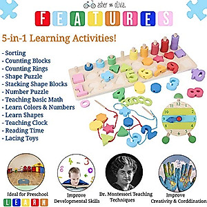 Montessori Fine Motor Skill Toys - Math Wooden Number Shape Set with Learning Clock and Lacing Beads Montessori Toy for Toddlers 3 4 5 Year Old Preschool Learning Toys, Sorting Stacking Counting