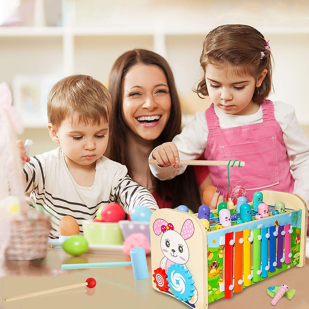 Aomola Wooden Hammering Pounding Toy Bench with Fishing Game, Xylophone, Moving Gears, Clock, Educational Montessori Musical Toys Gifts for Toddlers Kids Baby Boys Girls