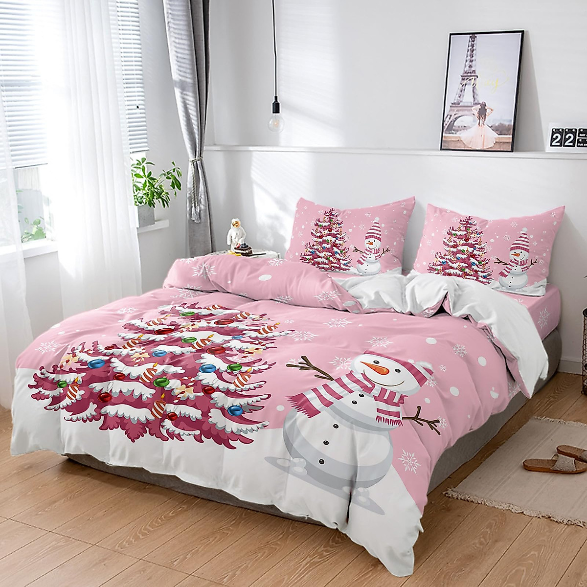 Christmas Winter Snowman Snow Duvet Cover Sets 4 Piece Twin Ultra Soft Bed Quilt Cover Set for Kids/Teens/Women/Men,Xmas Tree Snowflakes on Pink Bedding Collection All Season Use
