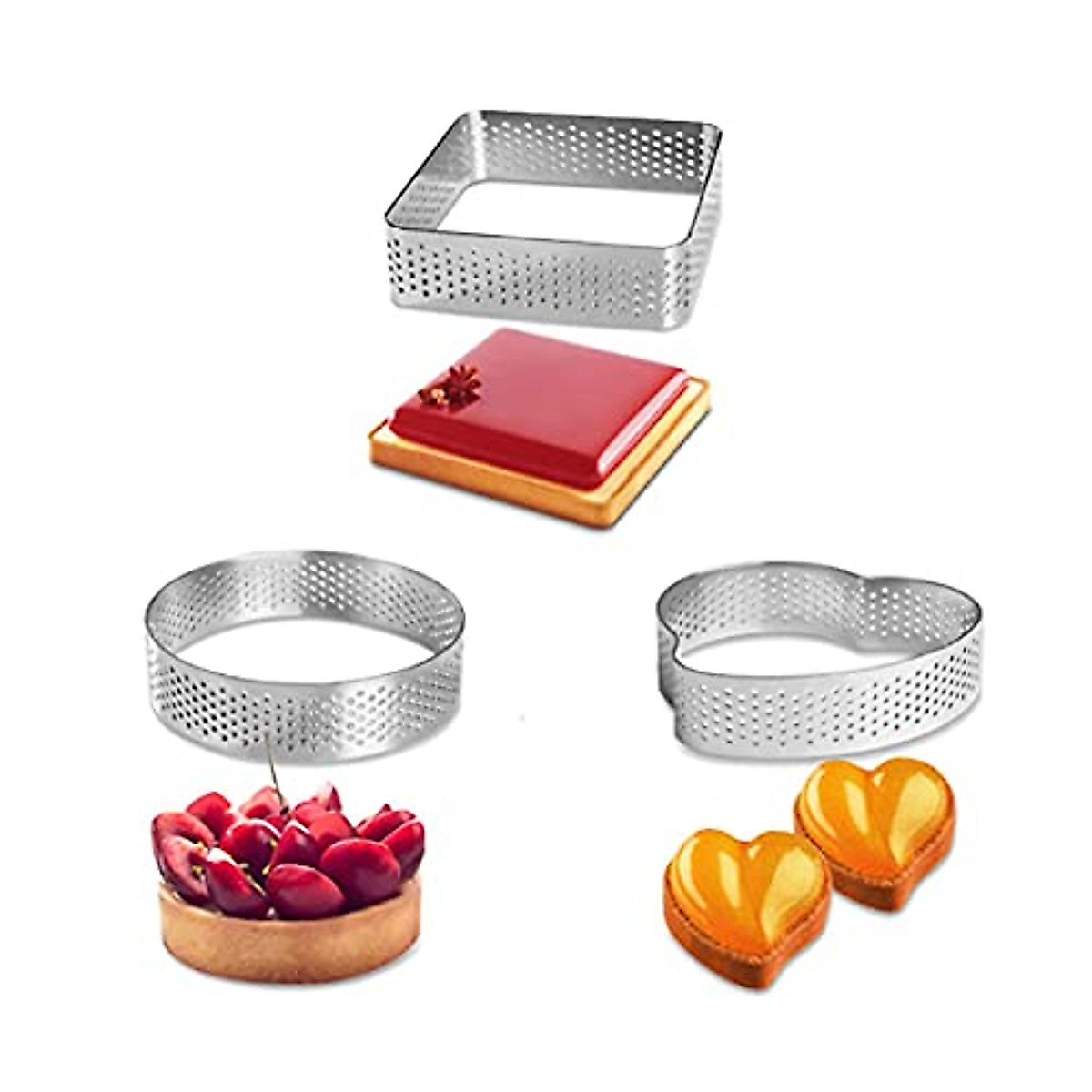 Silicone Baking Mat with Baking tart rings set of 5,Stainless Steel tart ring, Heat-resistant nonstick tart ring, muffin rings, molds and cake.