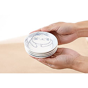 HAKONE YOSEGI Japanese Small Plate Set Ceramic Cute Cats Design Appetizer Dessert Sushi Sauce 3.94 x 0.8 Inches Set of 4