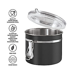 Oggi Stainless Steel Kitchen Canister 26oz, Black - Airtight Clamp Lid, Clear See-Thru Top - Ideal for Kitchen Storage, Food Storage, Pantry Storage. Size 5" x 3.5". (5300.3)