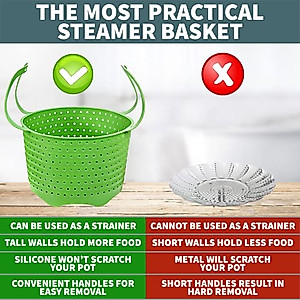 Silicone Steamer Basket For 6QT Instant Pot, Ninja Foodi, Other Pressure Cookers [3qt & 8qt avail] - Multiuse Silicone Strainer Steam Basket - Vegetable Steamer Basket for Pot & Pressure Cooker, Green
