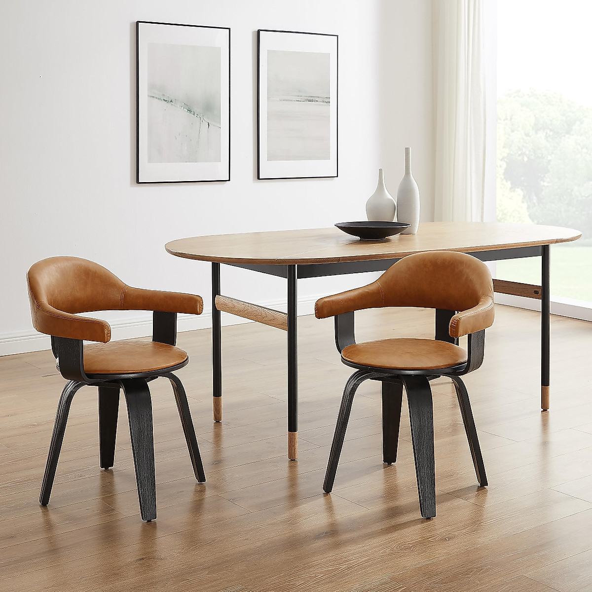 Art Leon Swivel Dining Chairs Set of 2, Mid Century Modern Faux Leather Kitchen Dining Room Chairs, Bentwood Accent Chairs with Wood Legs, Brown