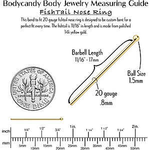 Body Candy Solid 14k Yellow Gold 1.5mm Ball Straight Fishtail Nose Stud Ring 20 Gauge 17mm