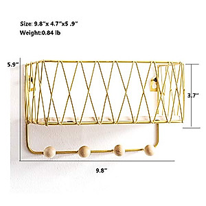 DoxiGlobal Wall Mount Mail Holder Entryway Storage Organizer with Shelf Wood Key Hooks Metal Mail Sorter Coat Rack Wire Mesh Storage Basket for Magazines Keys Wallets Leashes Plant (Gold, S-4 Hooks)