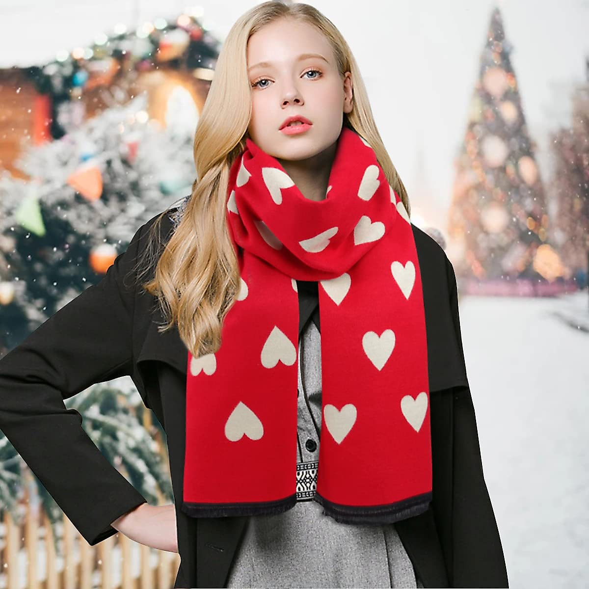 GERINLY Sweet Scarf with Love Heart Print Warm Neck Wraps for Women Chic Valentine's Gift for Lovers Romantic Love (Red)