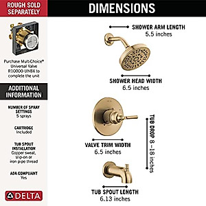 Delta Faucet Saylor 14 Series Gold Tub and Shower Faucet Combo, Bathtub and Shower Trim System, Shower Trim Kit, Bathtub Faucet Set, Shower Tub Faucet, Champagne Bronze T14435-CZ (Valve Not Included)