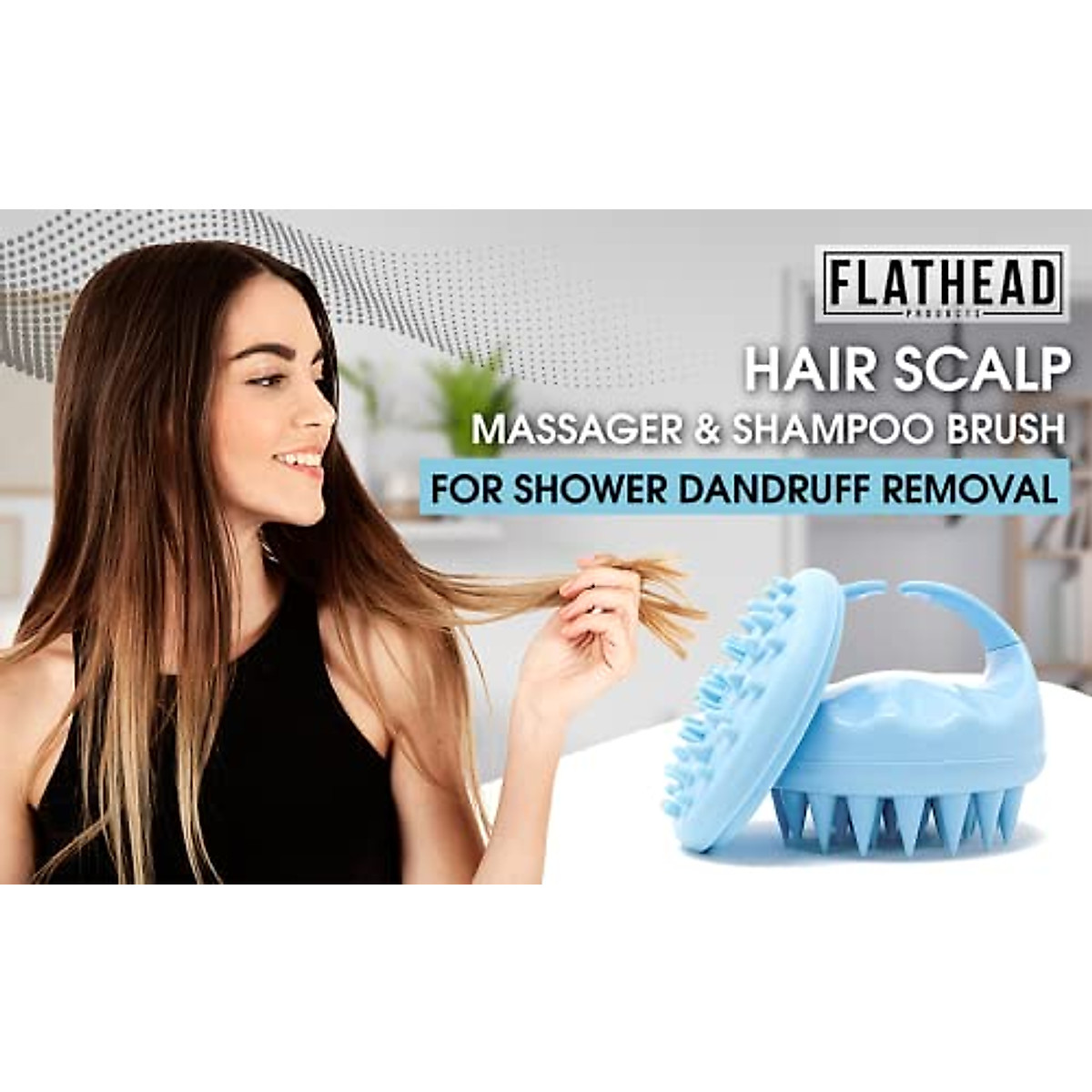 Flathead Products Hair Scalp Massager and Shampoo Brush for Shower Dandruff Removal - Wet and Dry - Encourages Growth - Includes 2 Massage Removal Heads
