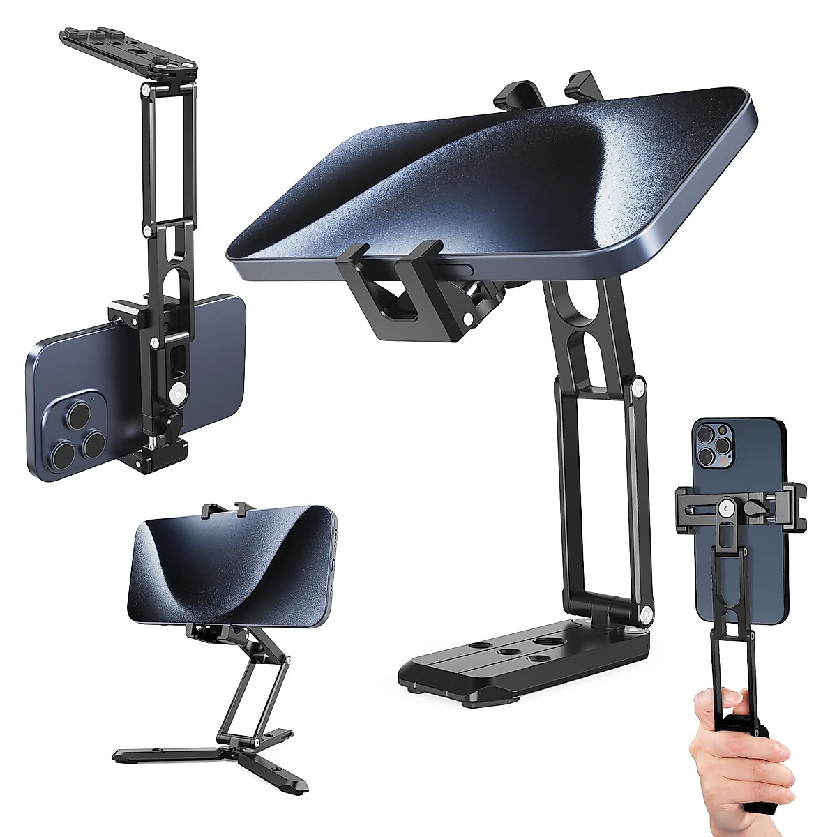 NEEWER Phone Tripod Mount with Cold Shoes, Metal Smartphone Tripod Adapter Compatible with iPhone, Multi Angle Tri Fold Cell Phone Holder Desktop Tripod, Handheld Phone Grip for Streaming Vlog SP-04