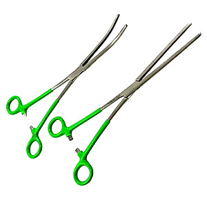New Premium German Stainless Straight + Curved Hemostat Forceps, Hemostat Forceps clamp 10" (Cynamed Brand) Set of 2 ea-Green