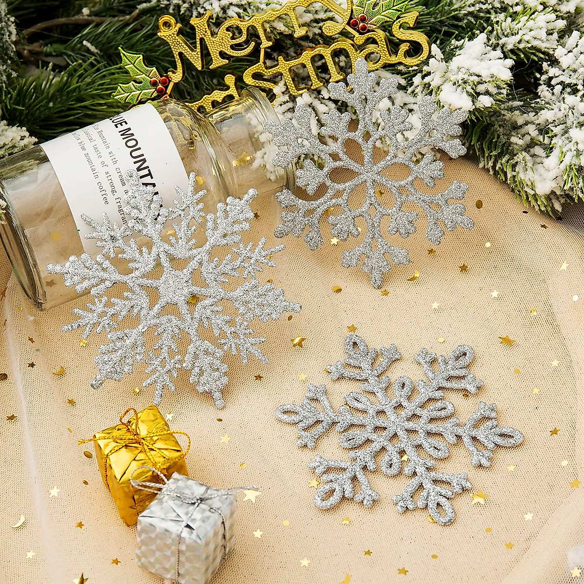 XmasExp 80mm/3inch Glitter Snowflake Ornaments Set Mini Christmas Tree Hanging Plastic Decoration for Xmas Party Wedding Anniversary Window Door Home Accessories (30pcs,Silver)
