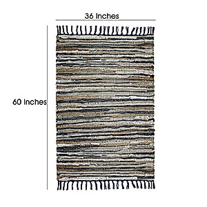 COTTON CRAFT Leather Chindi Area Rug - Boho Farmhouse Rustic Accent Rug - Handwoven Reversible Natural Recycled Leather Throw Rug - Entryway Living Room Dorm Study Gift - 3'x5' - Grey Ivory Multicolor