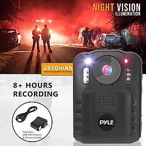 Pyle Police Security Video Body Camera - HD 2304x1296p 36MP Rechargeable Wireless Waterproof Wearable Law Enforcement Surveillance Cam, Audio Video Recording, Night Vision, Motion Detector PPBCM92