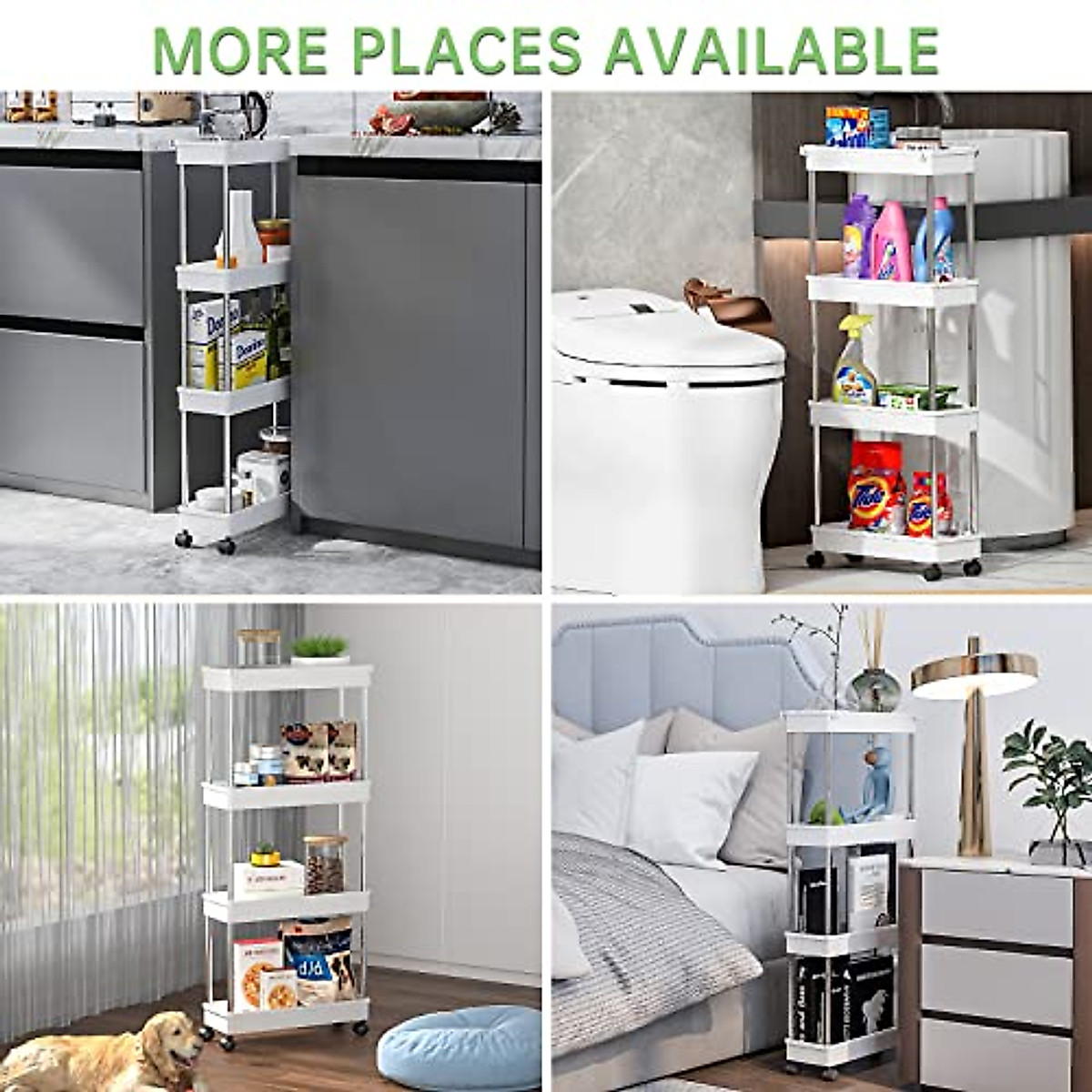 SYLEALA 4 Tier Slim Storage Cart,Mobile Shelving Unit Organizer Slide Out Storage Rolling Cart,Bathroom Organizer for Kitchen Laundry Narrow Places, Plastic & Stainless Steel, White (White)