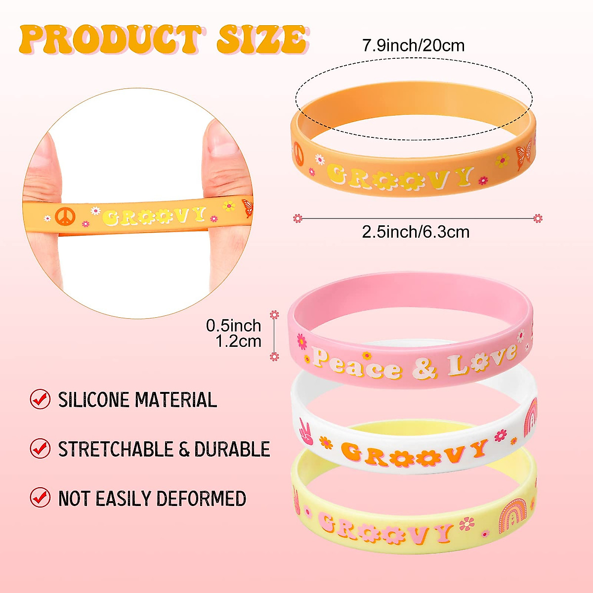 28 Pieces Groovy Retro Hippie Silicone Wristbands Daisy Flower Peace and Love Rubber Bracelets Daisy Party Favors for Kids adults 60s 70s Two Groovy themed Birthday Party Decoration Supplies