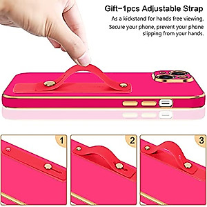 BENTOBEN Compatible with iPhone 13 Mini Case, Slim Luxury Electroplated Bumper Women Men Girl Protective Soft Case Cover with Strap for iPhone 13 Mini 5.4 inch,Hot Pink/Gold