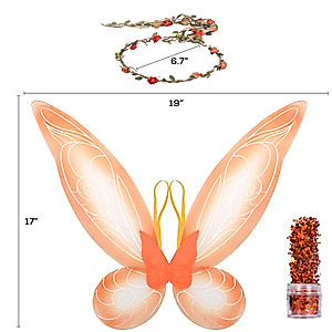 Funcredible Fairy Costume Accessories - Orange Fairy Wings and Flower Crown, Glitter - Tooth Fairy Cosplay Outfit for Women and Girls