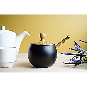 GoCraft Sugar Bowl with Wooden Lid and Spoon for Home and Kitchen, Drum Shape (Matte Black Finish)