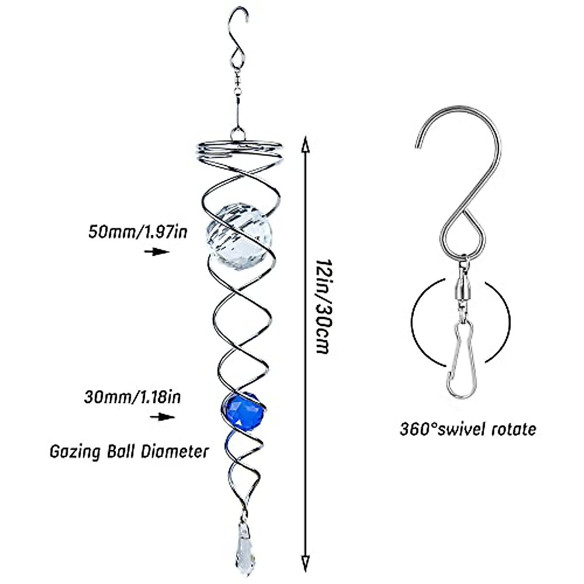 12 inch Gazing Ball Spiral Tail, Prefdo Stainless Steel Wind Spinner Stabilizer with 2 Glass Balls Prism and Hanging Swivel Hook for Outdoor Yard Garden Decoration(Royal Blue)