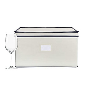 Chapman & Grand Wine Glass Storage Chest, Protective Container Box with Lid for Stemware, (Light Beige-Navy)
