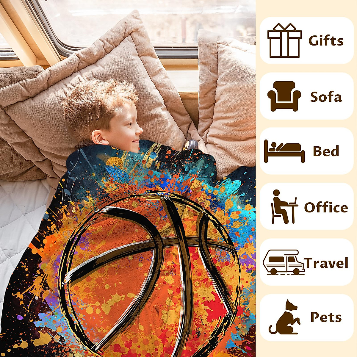 Blanket for Boys - Basketball Throw Blanket Gift for Basketball Lover - 50x40 Inches Sports Blankets for Kids Teens - Black Soft Fuzzy Basketball Stuff for Couch Sofa Bed