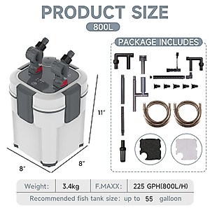 bykaeler 225GPH Canister Filter for Aquarium with Timed Light, Ultra-Quiet External Aquarium Filter with Filter Medium and Spray Rod,Suitable for Large Fish Tanks and Aquariums (LED-901F)